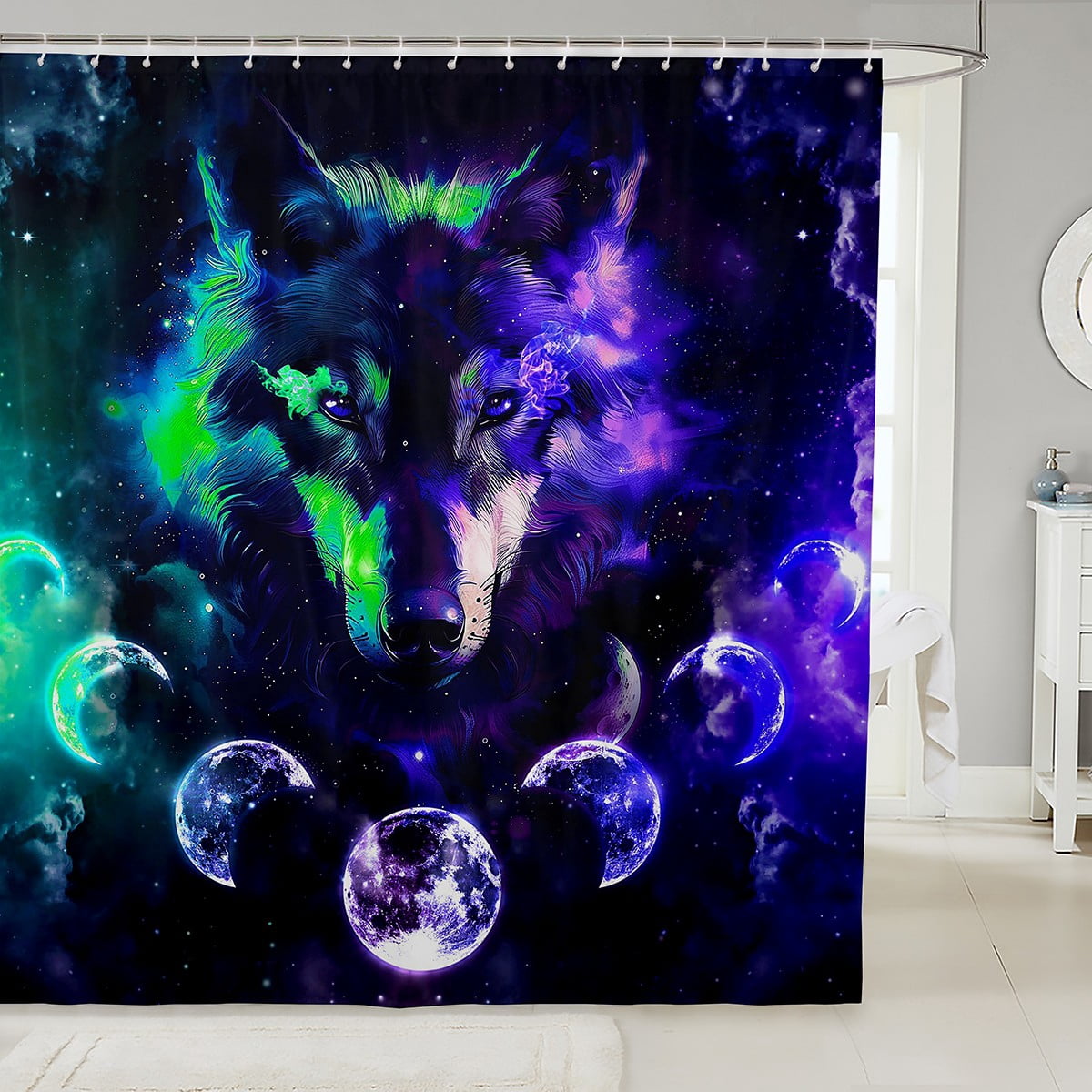 Galaxy Wolf Shower Curtain Set,Green Purple Moon Starry Sky Bathroom ...