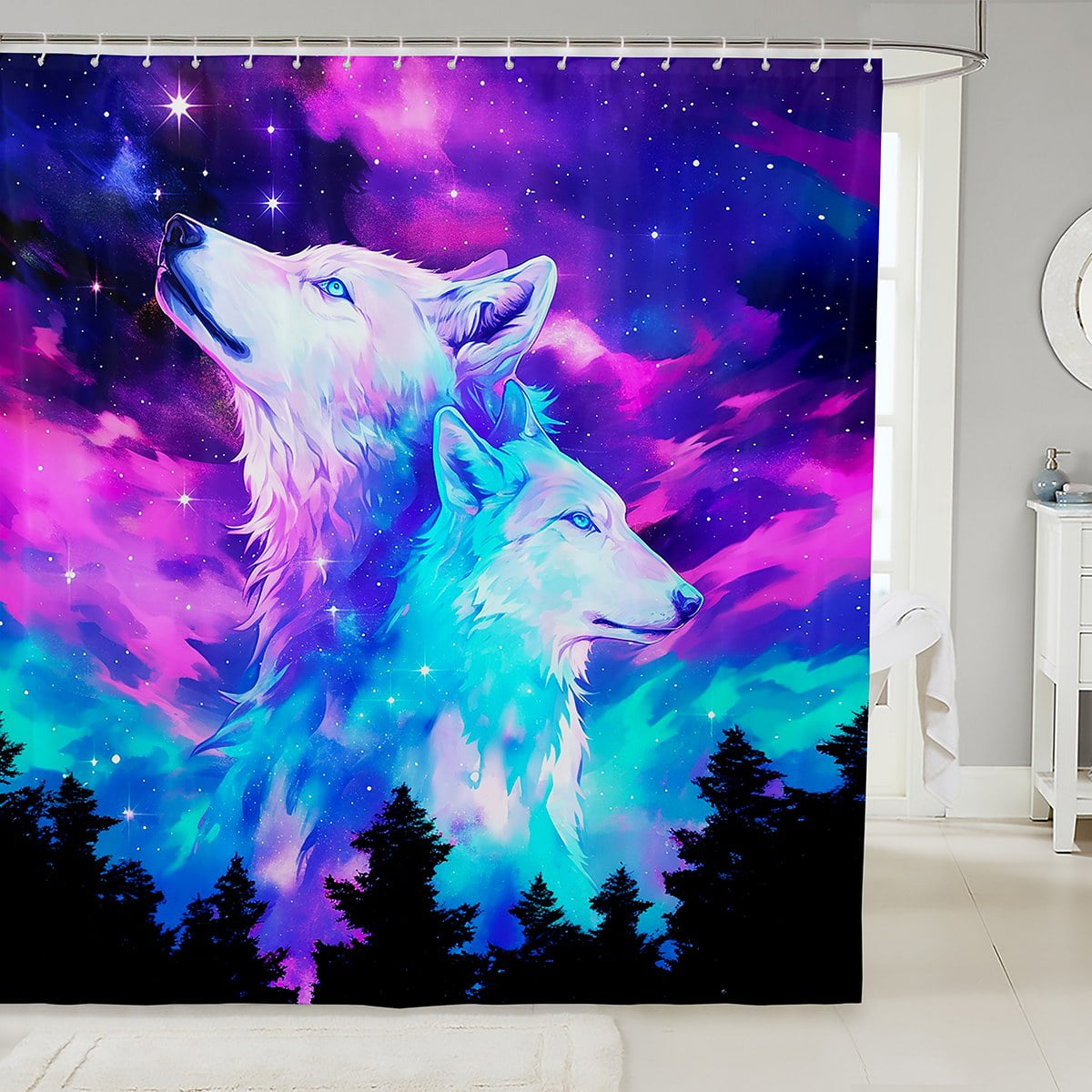 Galaxy Wolf Shower Curtain Set Purple Teal Colorful Starry Sky Bathroom ...