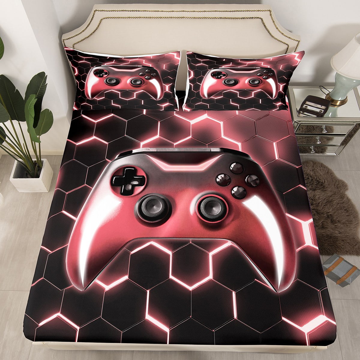 Game Console Bed Sheets Teen Brick Red Gamer Fitted Sheet Gaming Room ...
