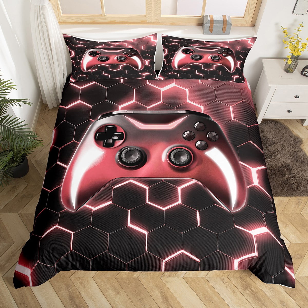 YST Game Console Duvet Cover Teen Boys Brick Red Gamer Comforter Cover ...