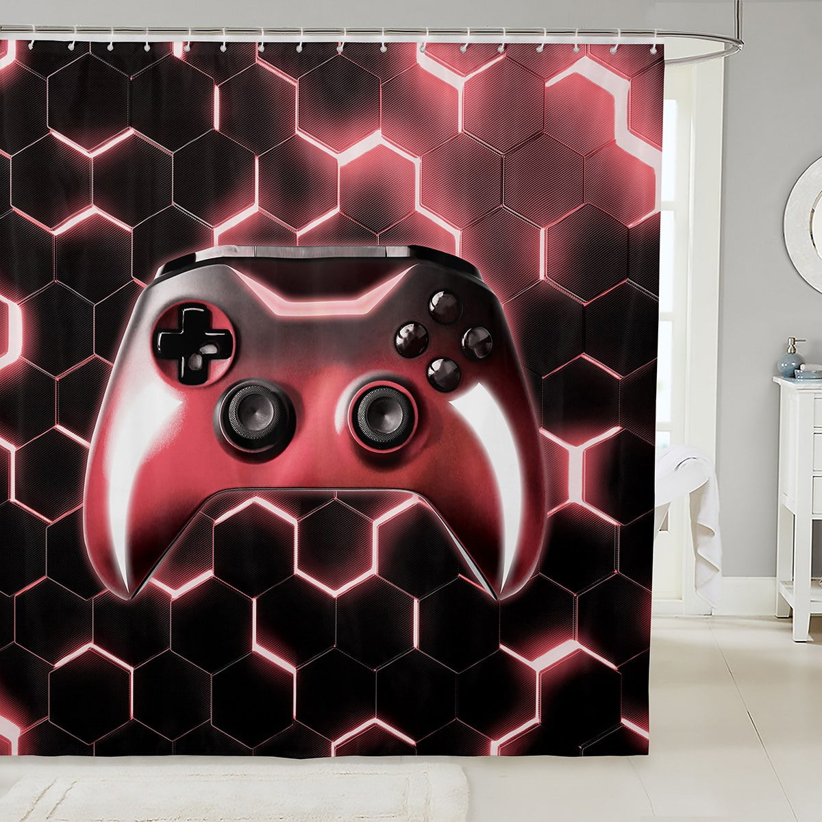 YST Game Console Fabric Shower Curtain Brick Red Gamer Bathroom Shower ...