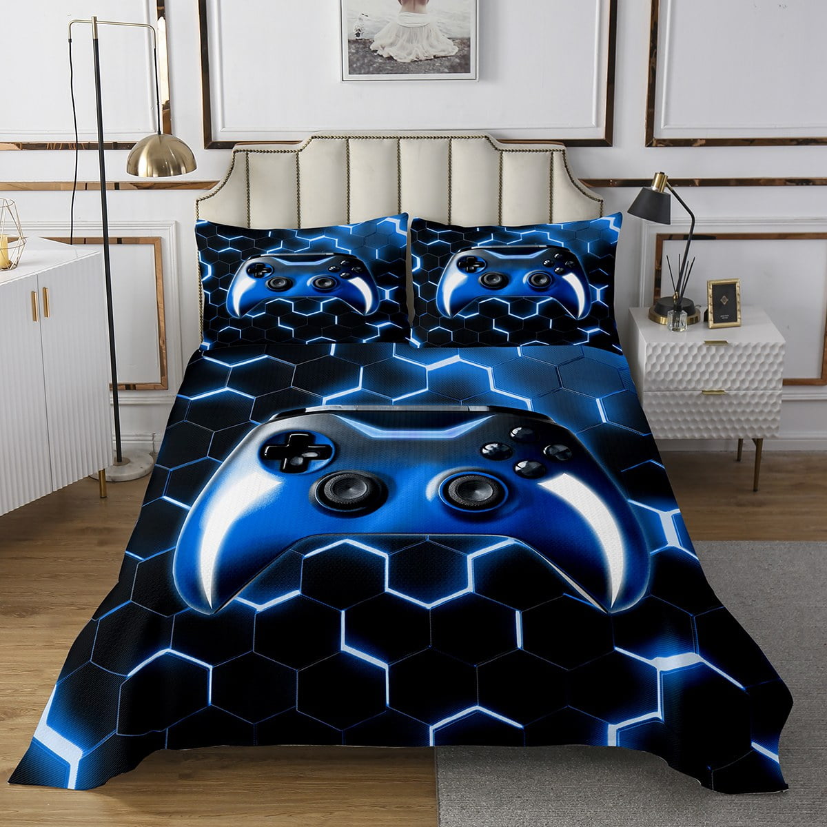 Game Console Quilt Set Gamer Gifts 3D Gaming Geometric Honeycomb ...