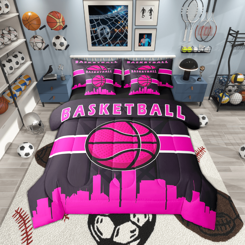 Gamer Bedding Comforter Sets 7-Piece Basketball Bedding Set , Black Pink Full Size Comforter Set ...