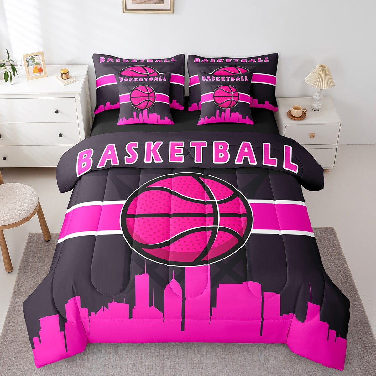 Gamer Bedding Queen Size 7-Piece Basketball Comforter Set , Black Pink ...