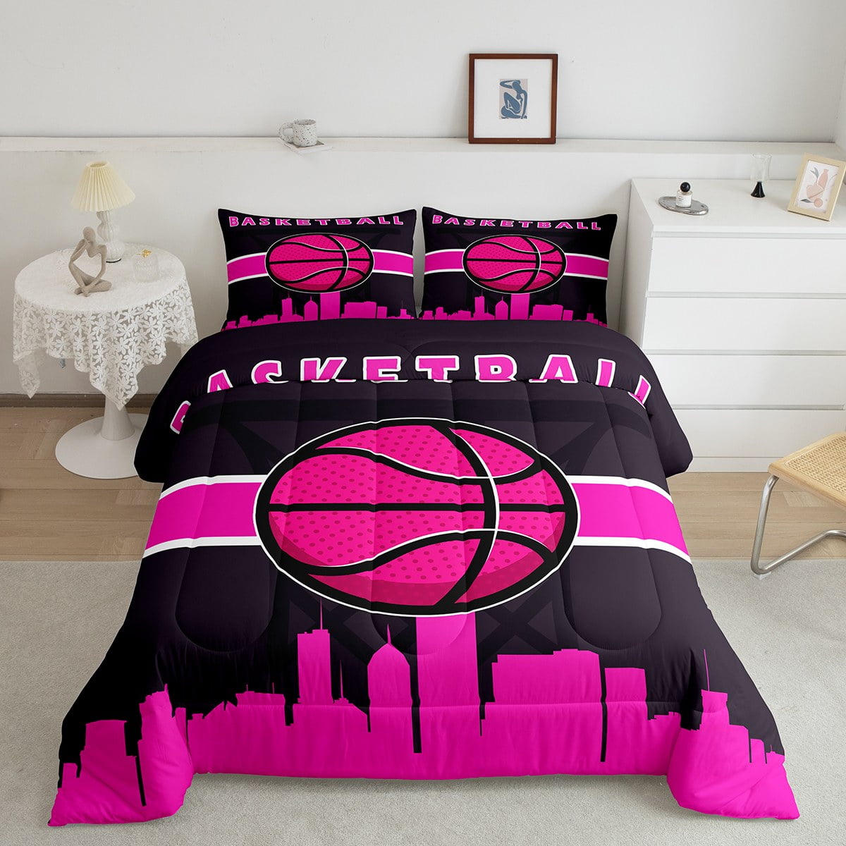 YST Gamer Comforter Set Girls Basketball Bedding for Girls, Black Pink Quilted Comforter Kids ...