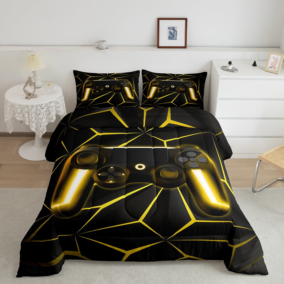Gamer Comforter Sets Gaming Controller Gold Geometry Bedding Set, Teens ...