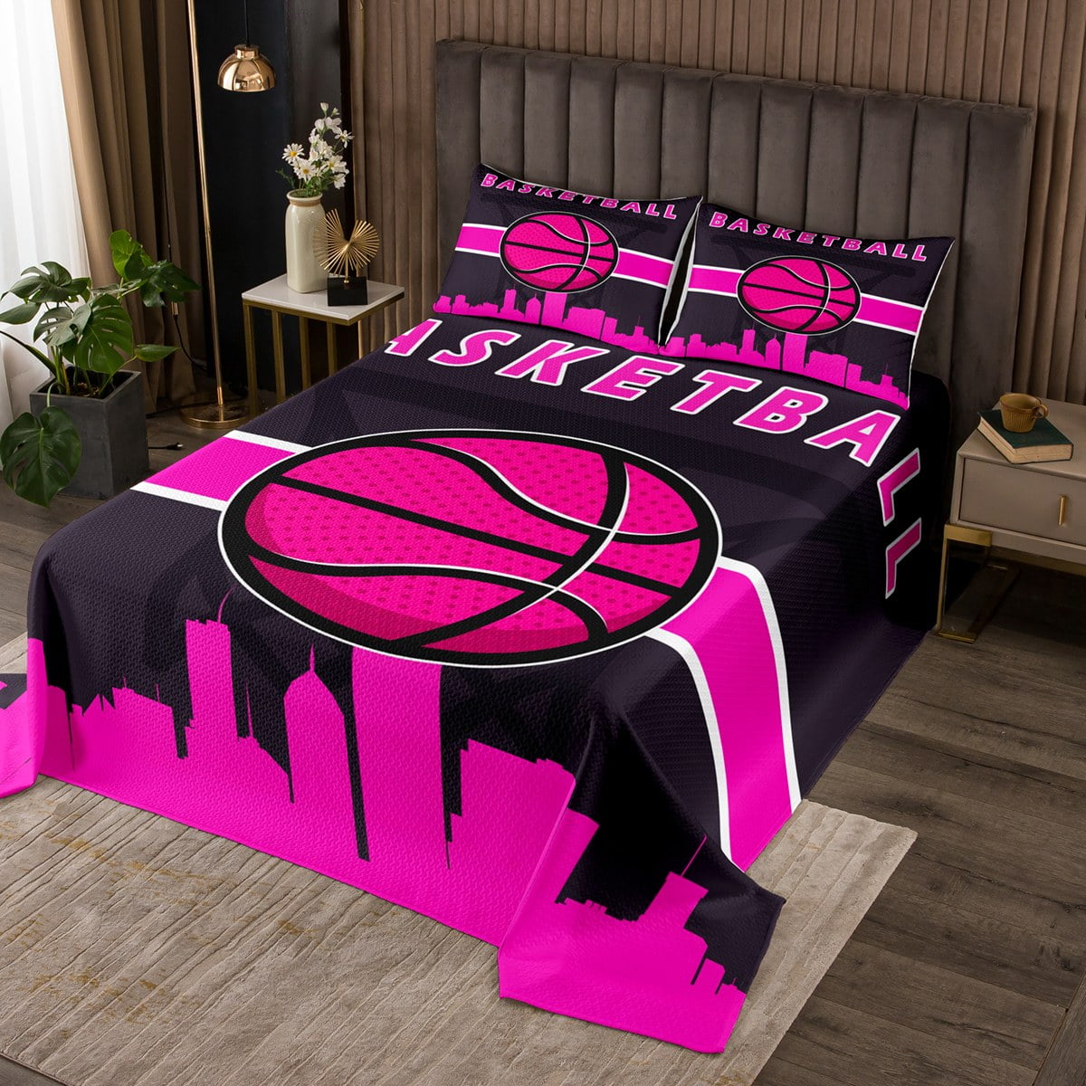 Erosebridal Gamer Coverlet Queen Size Basketball Bed Cover, Black Pink Bedspread Set Teens ...
