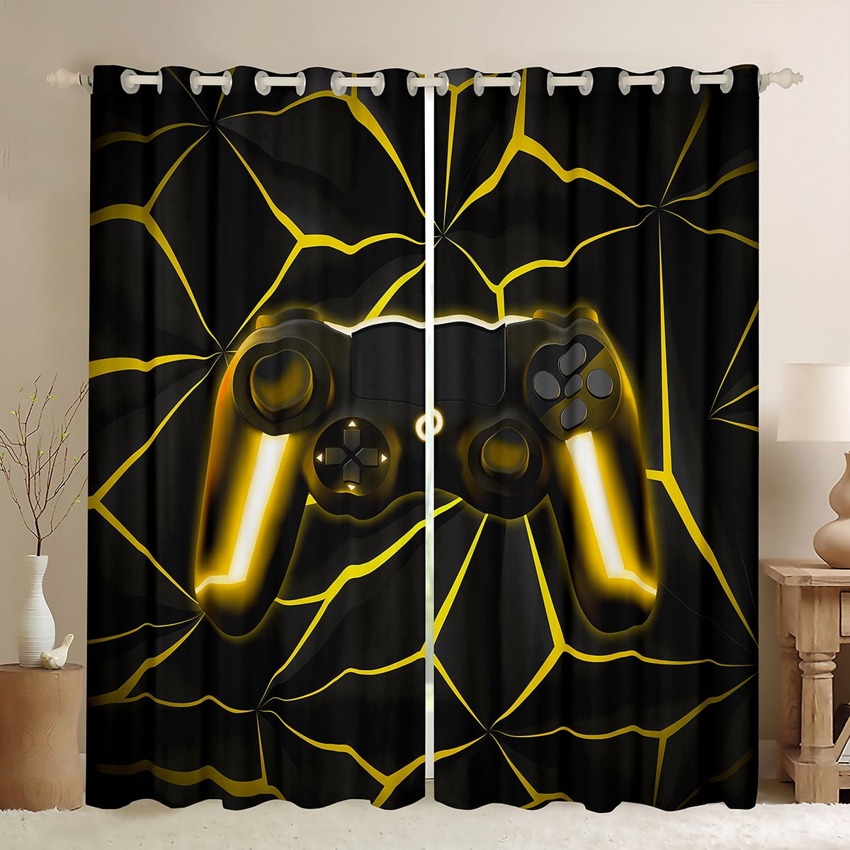 Erosebridal Gamer Curtains Gaming Controller Gold Geometry Curtains ...