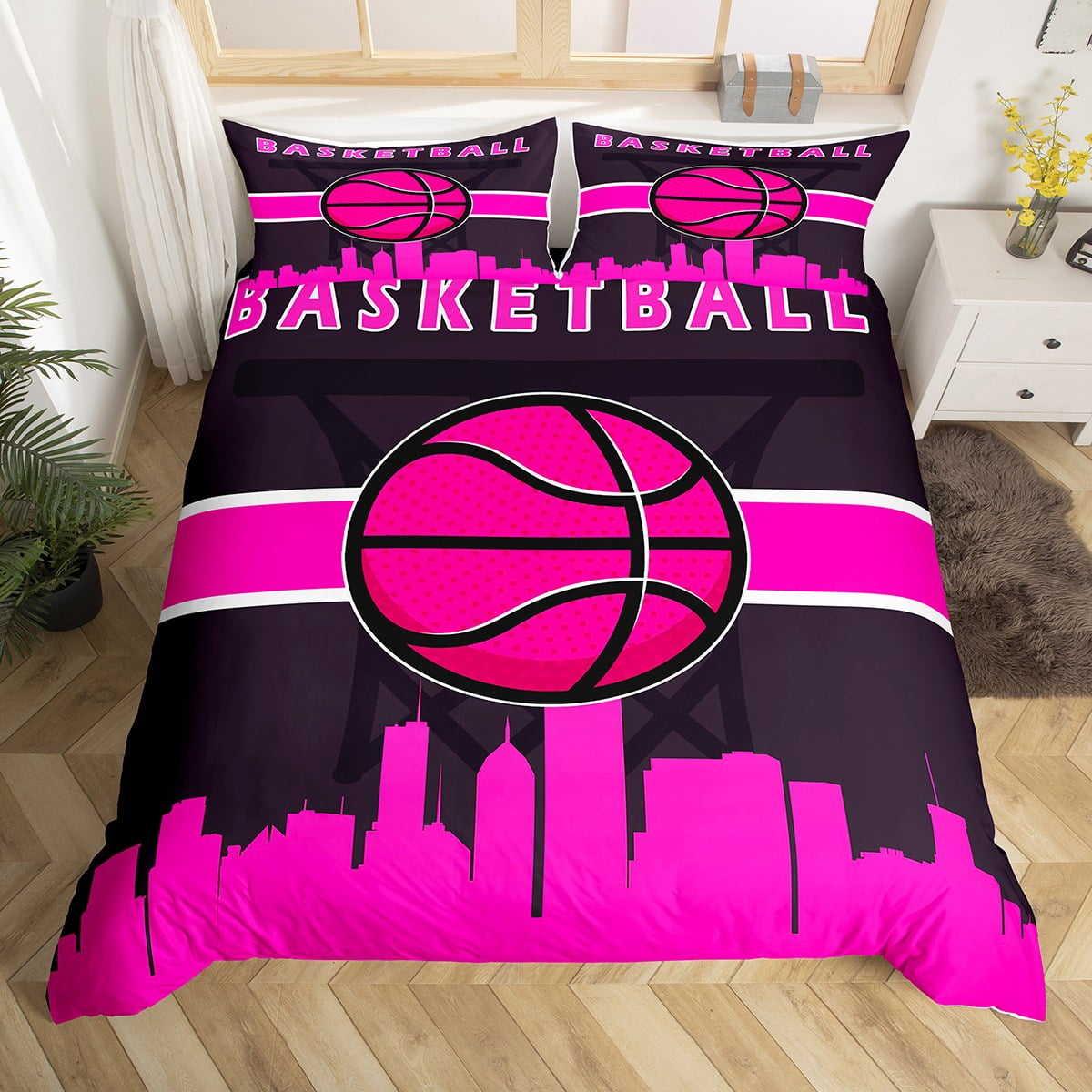 Gamer Duvet Cover Twin Basketball Bedding Sets , Black Pink Comforter ...