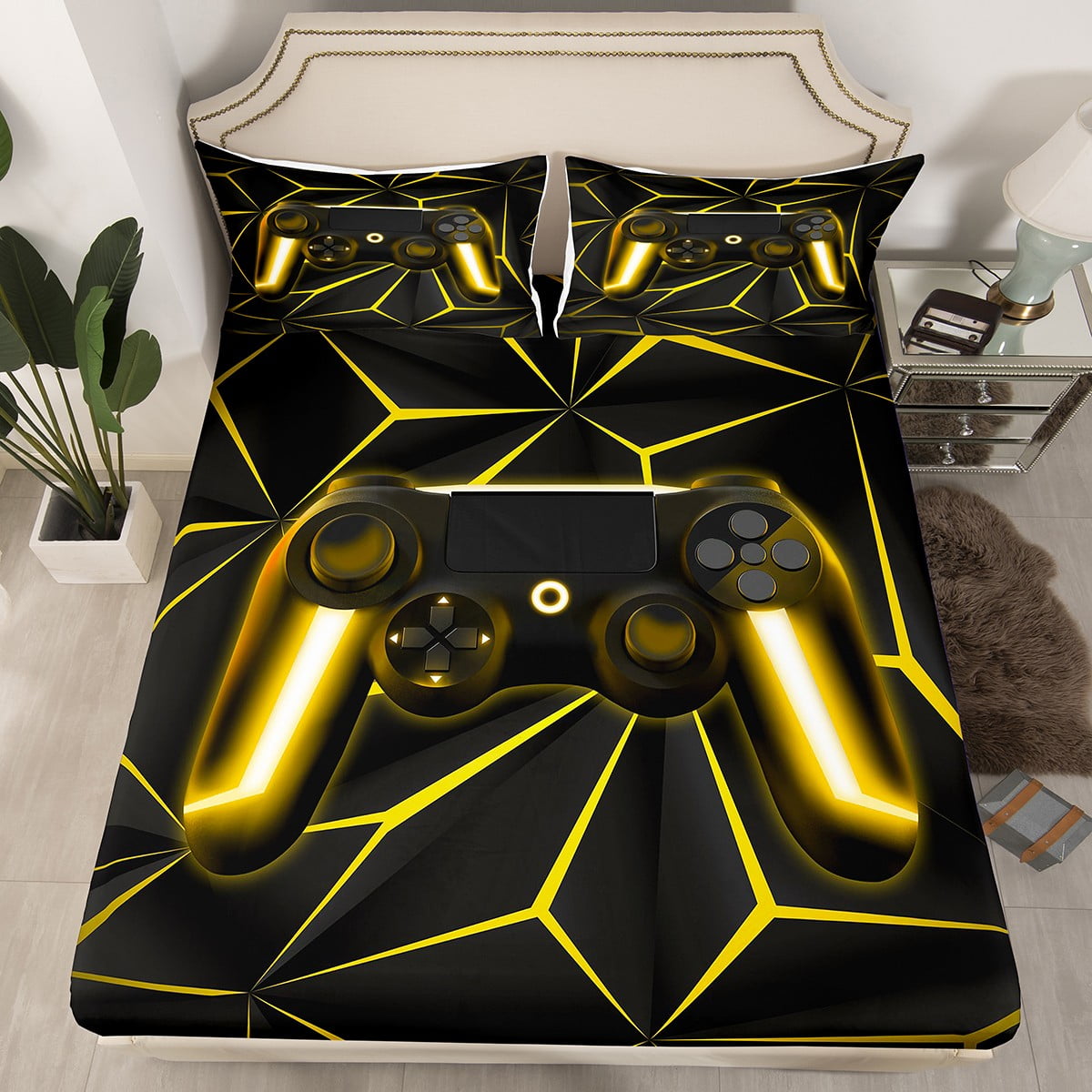 Erosebridal Gamer Fitted Sheet Gaming Controller Gold Geometry Sheets ...