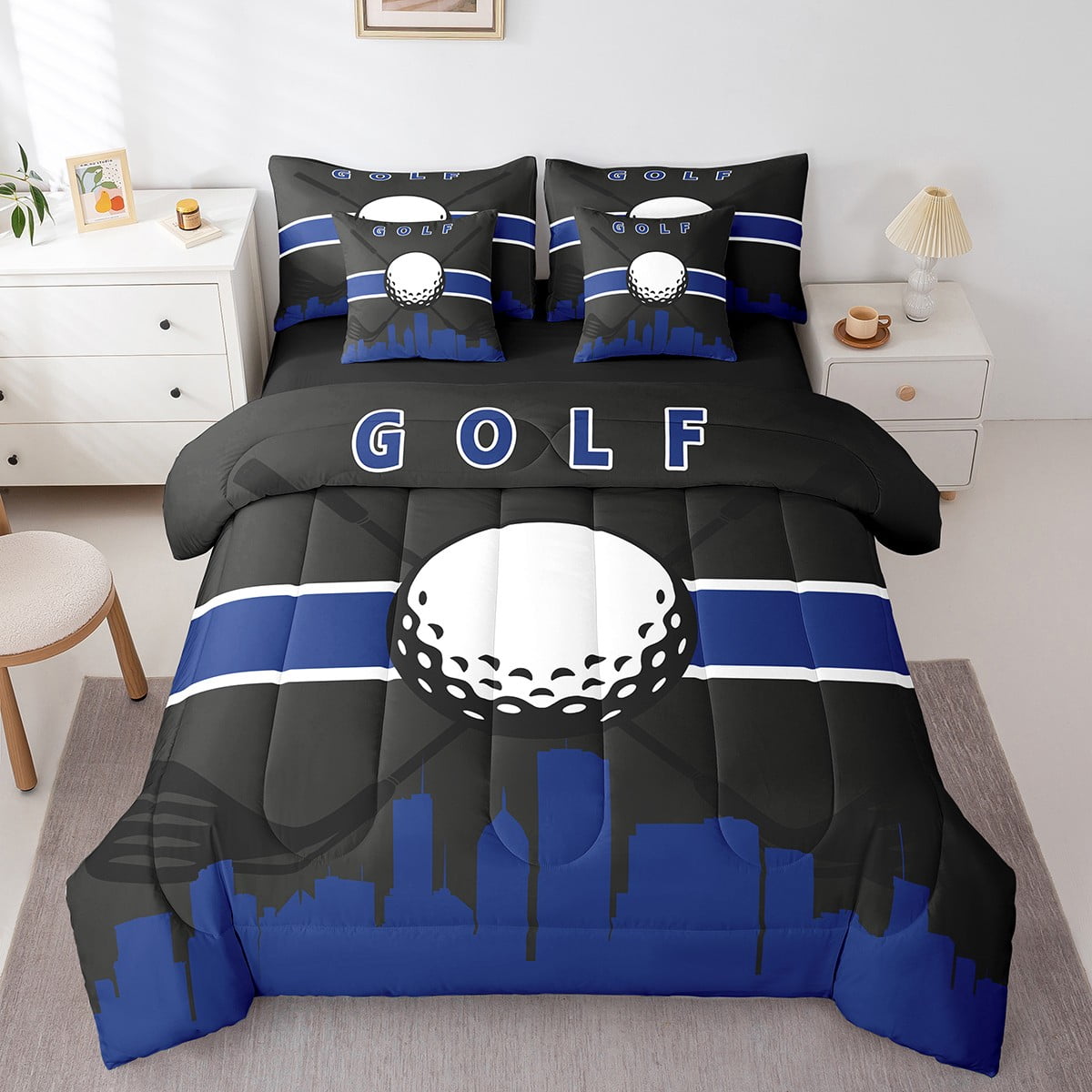 Gamer Full Comforter Set 7 Pieces Golf Bed in a Bag for Men, Black Navy ...