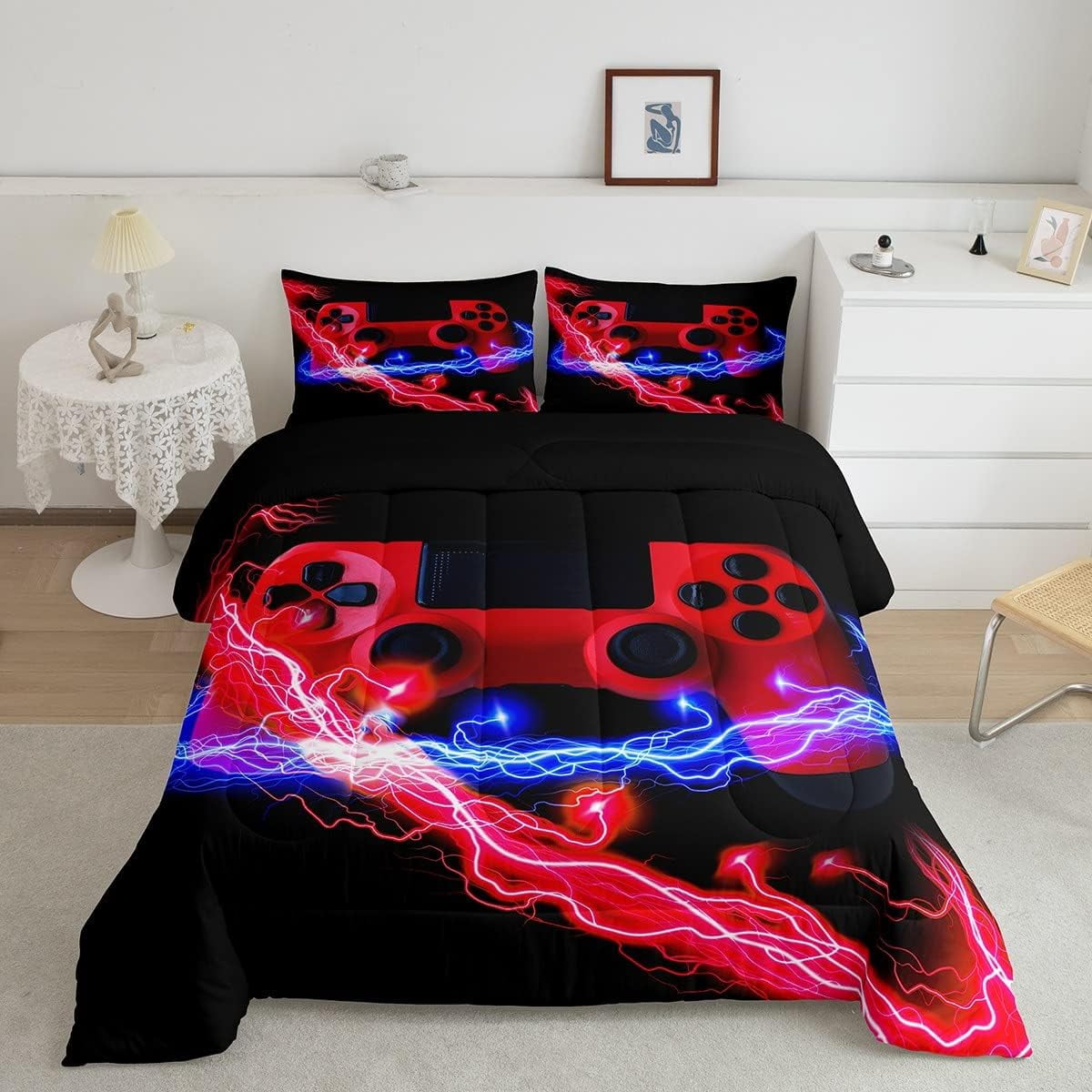 YST Gamer Gaming Comforter Set King Size,Red Blue Lightnings Gamepad ...