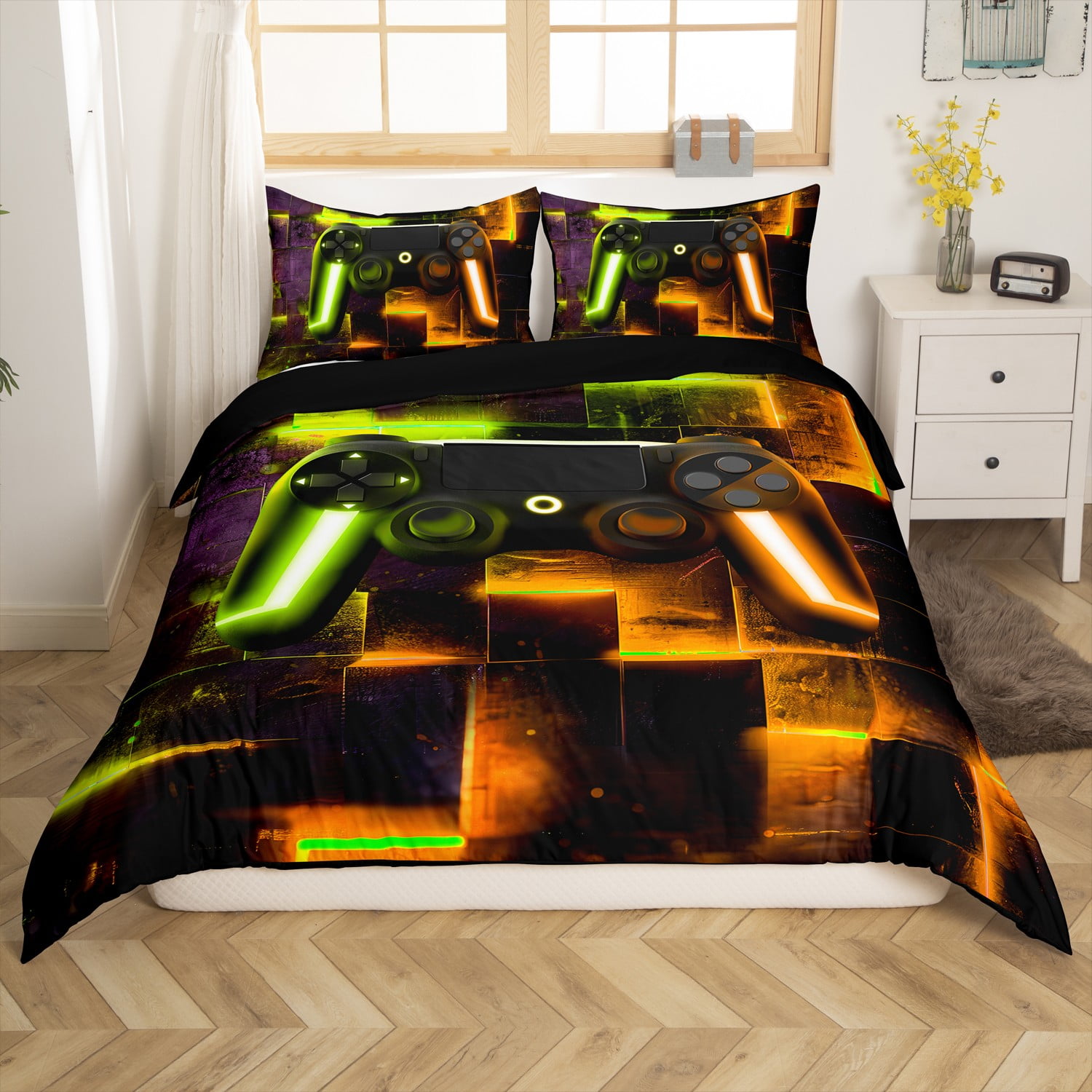 Gamer Gaming Duvet Cover Twin Size Black Yellow Green Orange Bedding ...