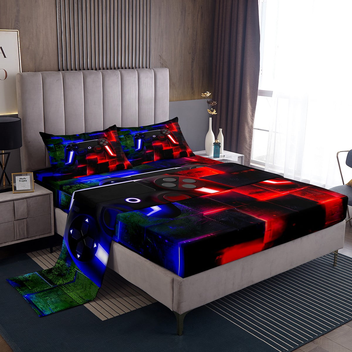 Gamer Gaming King Size Sheet Sets Black Navy Blue Red Sheets, Geometric ...