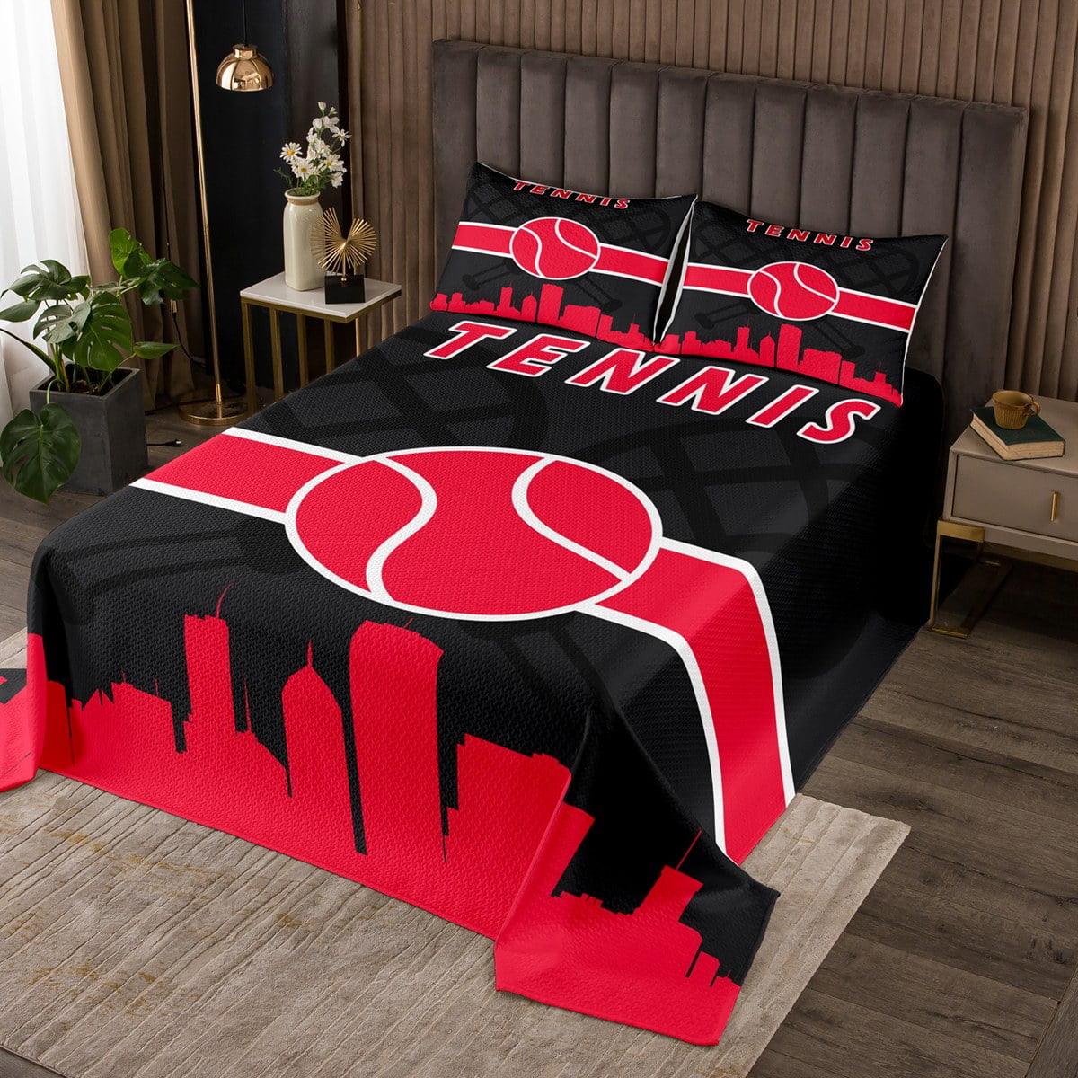 Erosebridal Gamer King Quilt Set Tennis Coverlet Set, Black Red Bedding ...