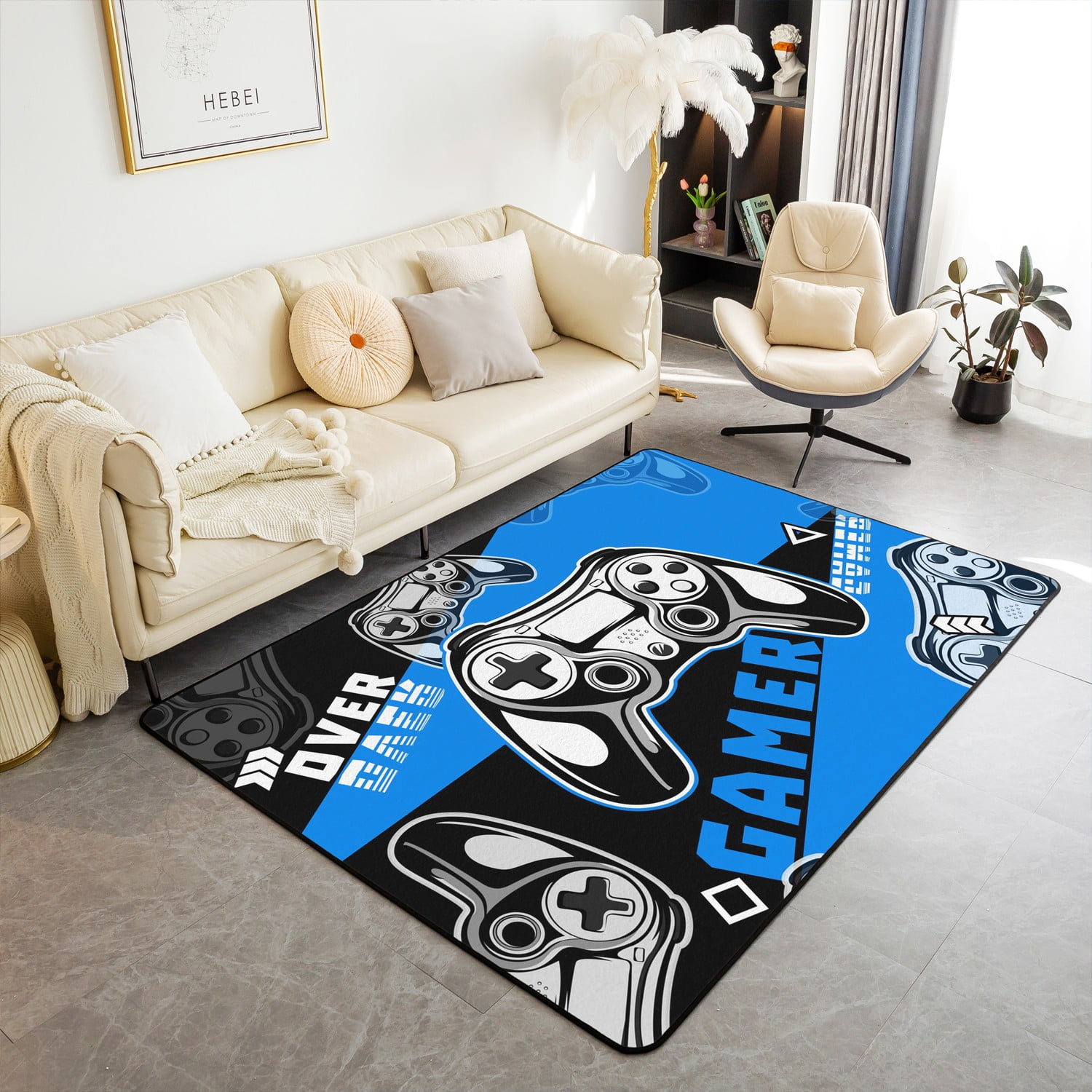 Gamer Non Slip Washable Carpet For Living Room Black and Blue Gaming ...