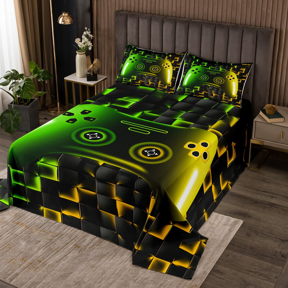 Gamer Quilt Set Twin Size Bedspread Set 3D Gaming Geometric Coverlet ...
