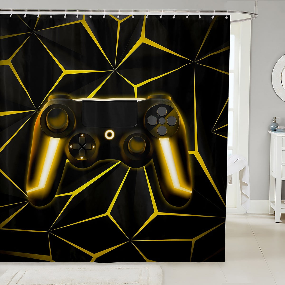 Gamer Shower Curtain Gaming Controller Gold Geometry Bathroom Shower ...