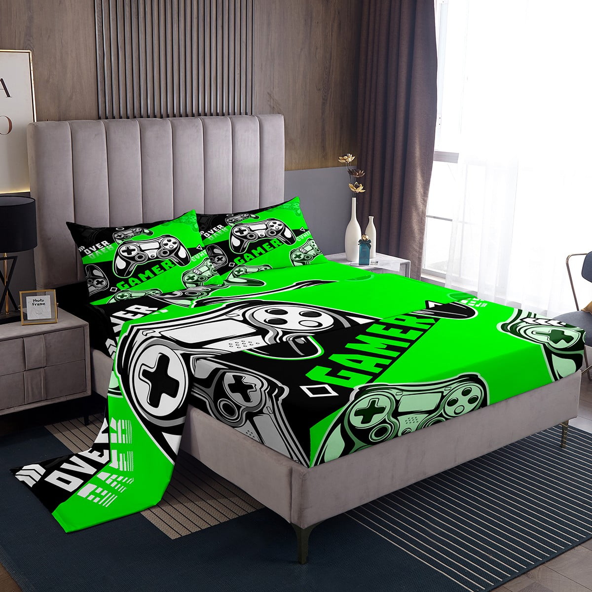 Erosebridal Gaming Bed Sheets Gamer Fitted Sheet King Size,Green Black ...