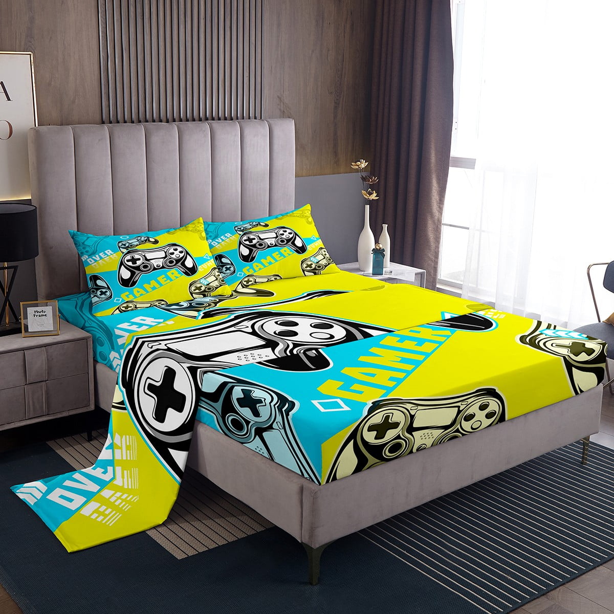 Gaming Bed Sheets Gamer Fitted Sheet King Size,Yellow Teal Gamepad ...