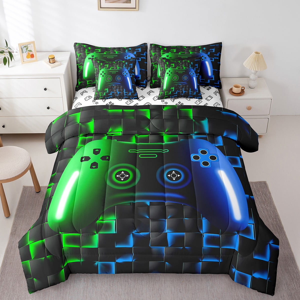 Gaming Comforter Set 7 Piece Twin Size Bedding Sets 3D Gamer Geometric ...