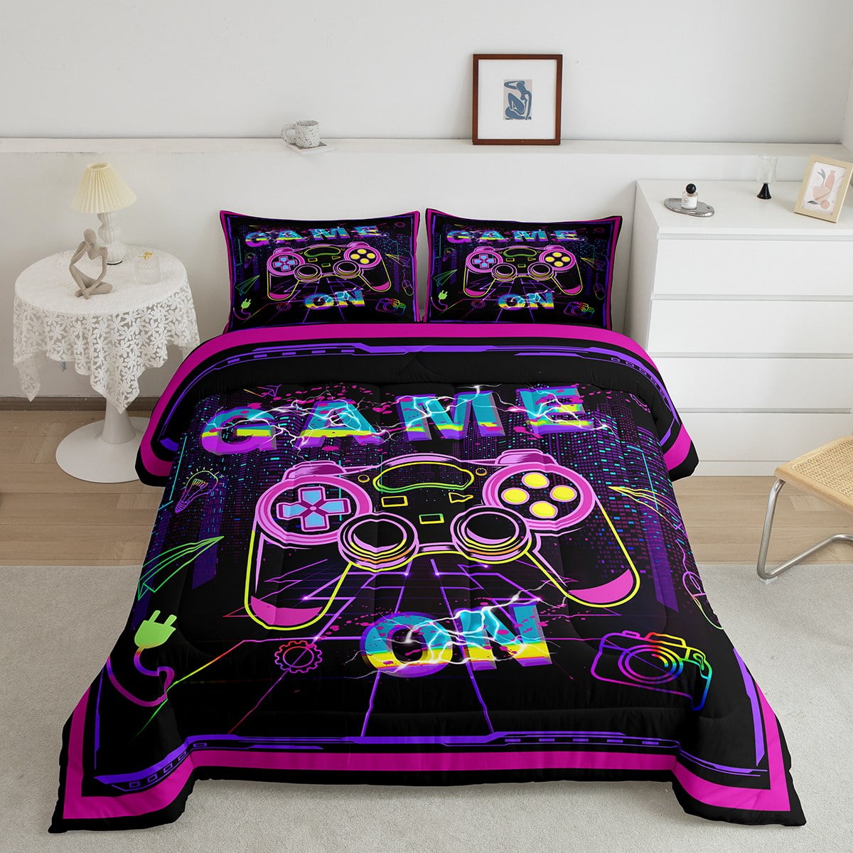 YST Gaming Comforter Set Gamer Neon Purple Pink Comforter for Kids Boys Girls Teens Hippie ...