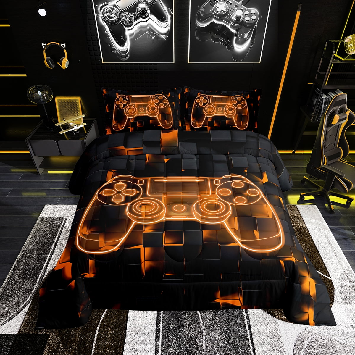 Gaming Comforter For Twin Size Bed, Modern Gamer Bedding Sets , Neon ...