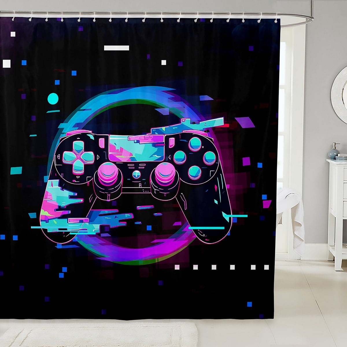 Gaming Fabric Shower Curtain Teens Black Gamer Console Bathroom Shower ...