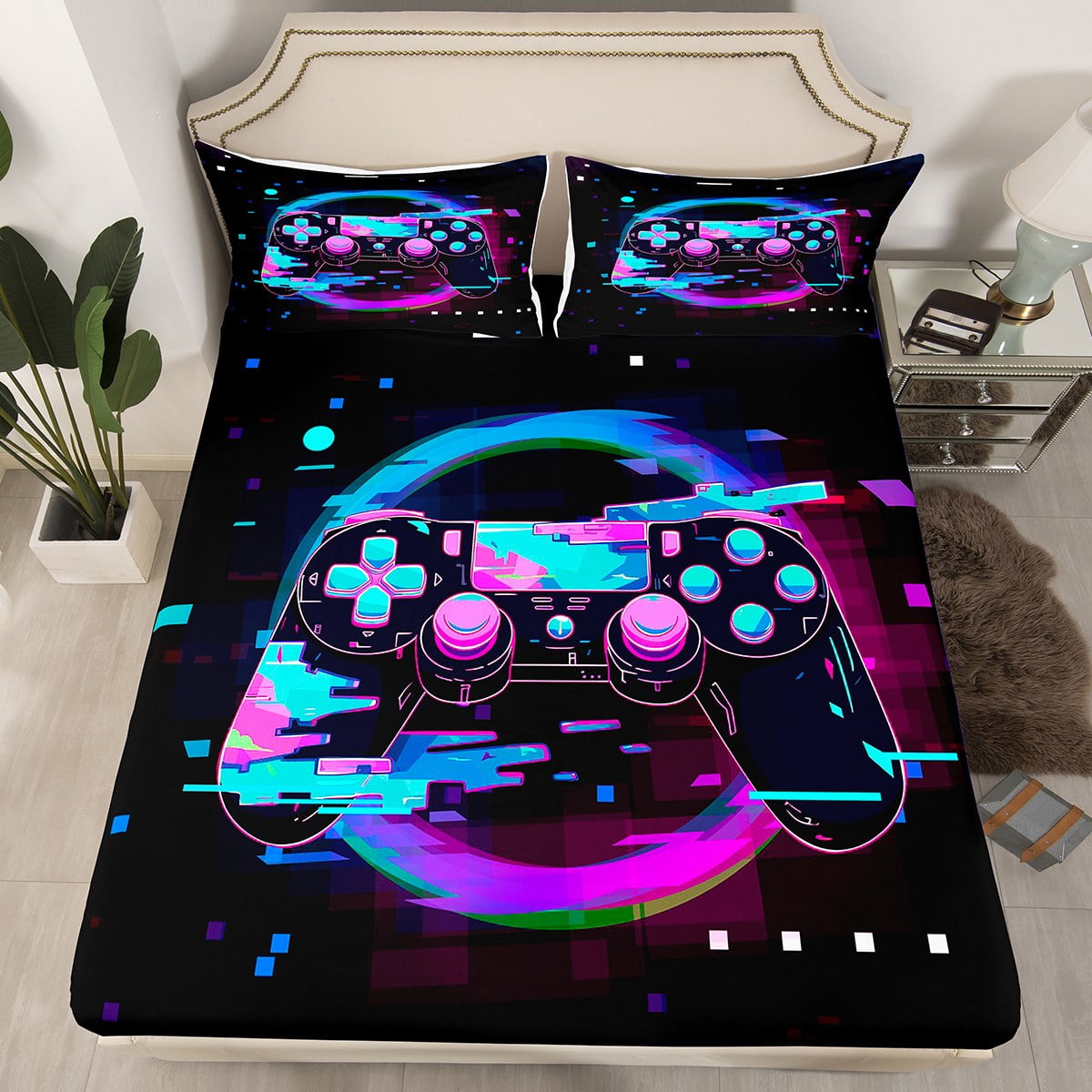 Erosebridal Gaming Fitted Sheet Teens Black Gamer Console Bed Sheets ...