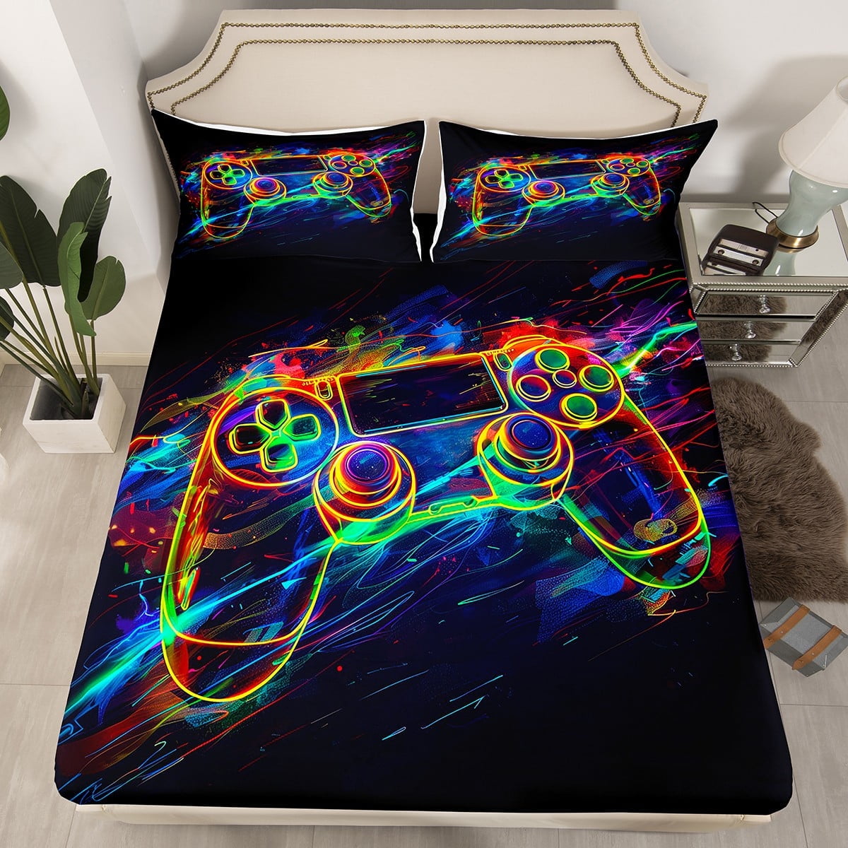 YST Gaming Fitted Sheet Watercolor Video Games Bed Sheets Yellow Green ...