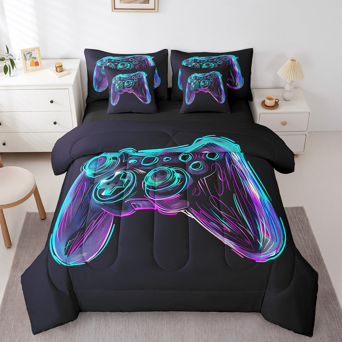 Gaming Quilt with Flat Fitted Sheet Gamer Gamepad Comforter Set 7 Piece ...
