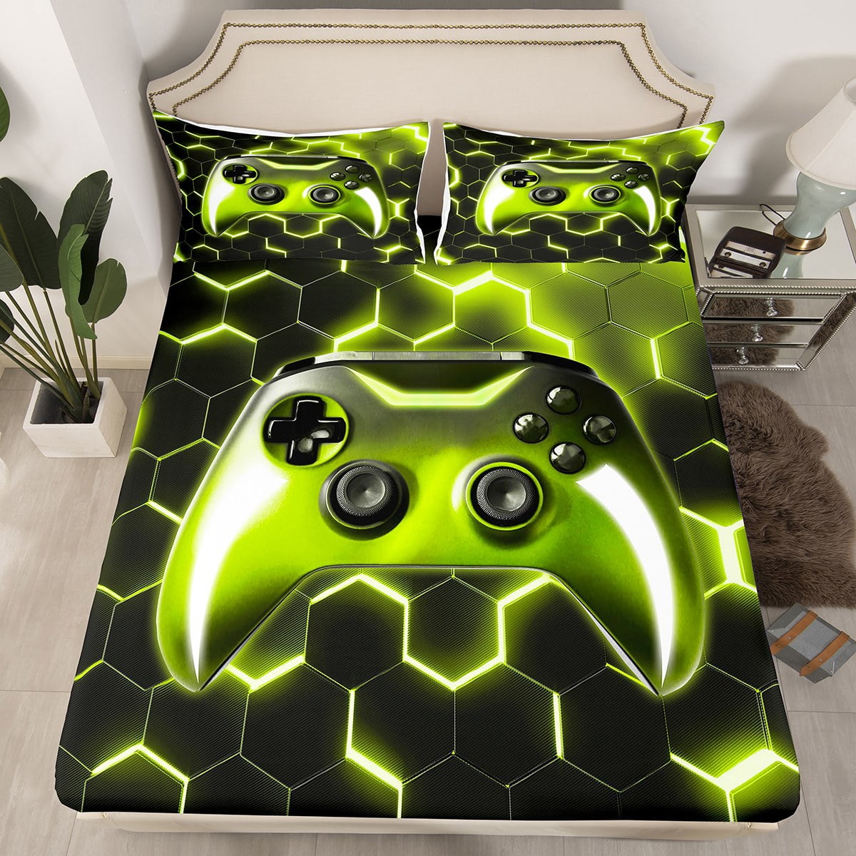Gaming Room Decor Gamer Gifts Bed Set, Gamepad Game Console Fitted ...
