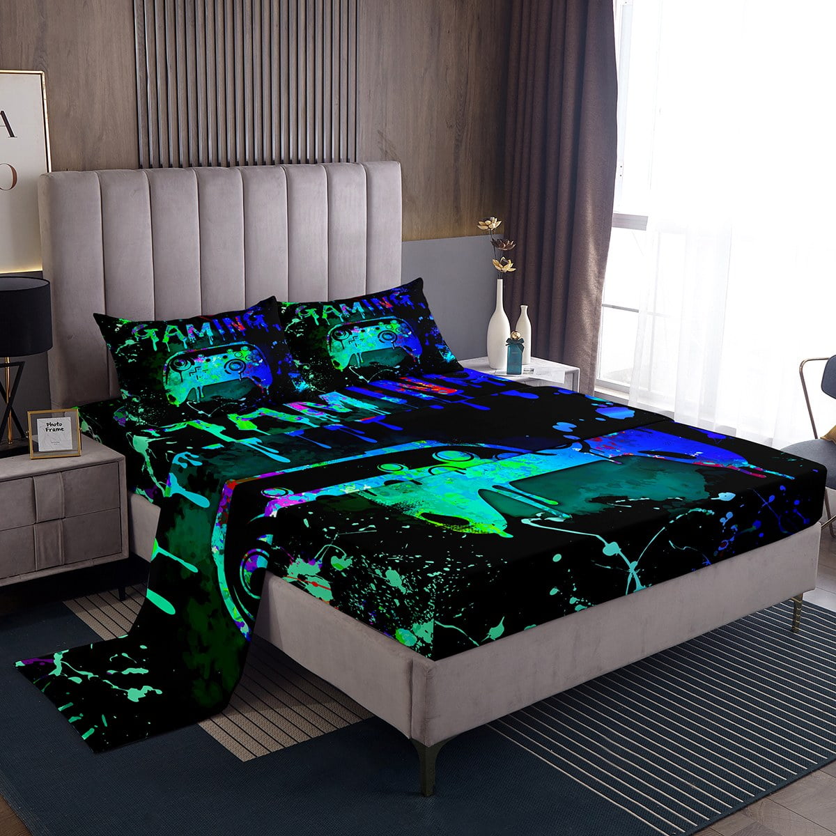 Gaming Sheet Set King Size,Gamer Bed Sheets Teens Gamepad Controller Gamer Fitted Sheet Video ...