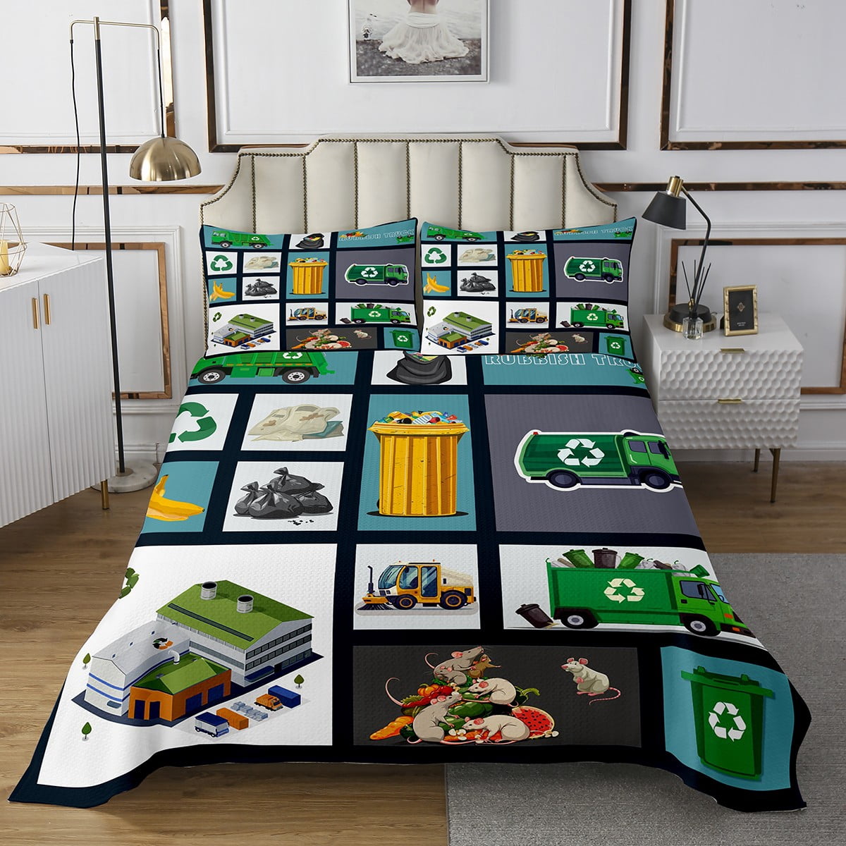 YST Garbage Truck Kids Bedspread King Size,Green Recycling Truck ...