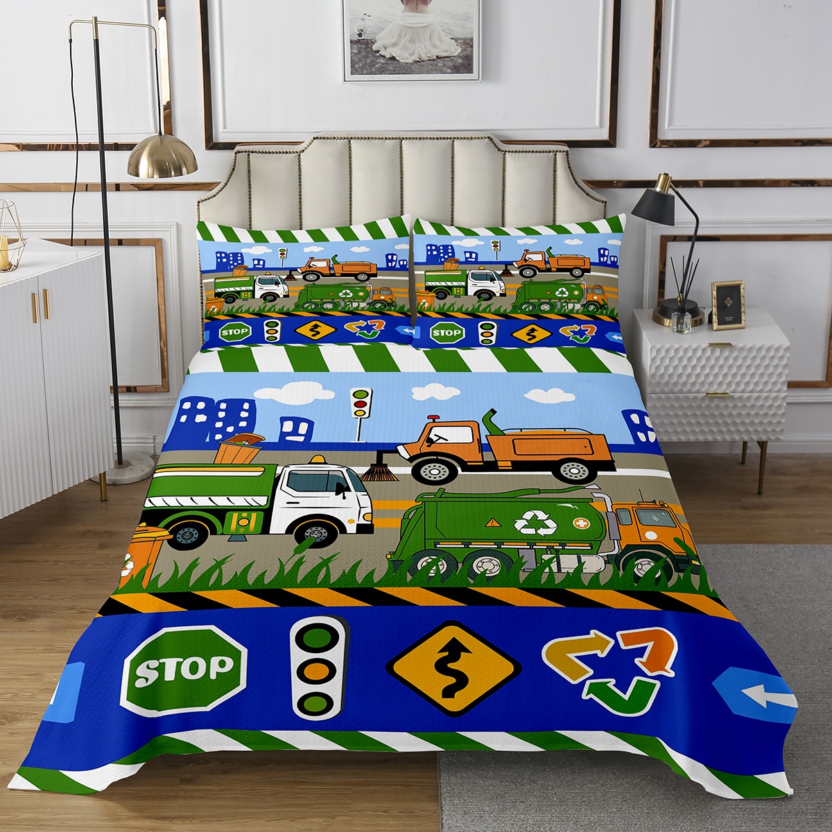 Garbage Truck Bedspread Twin Size,Trash Can Truck Quilt Bedding Set ...