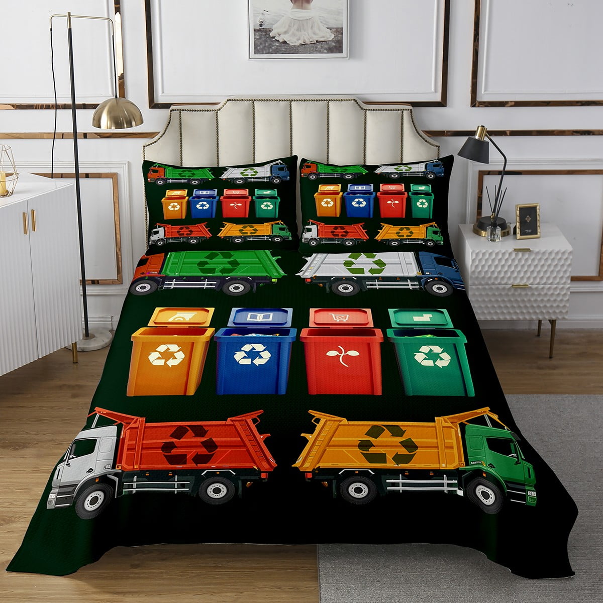Garbage Truck King Bedspread,Recycling and Garbage Truck Quilt Bedding ...