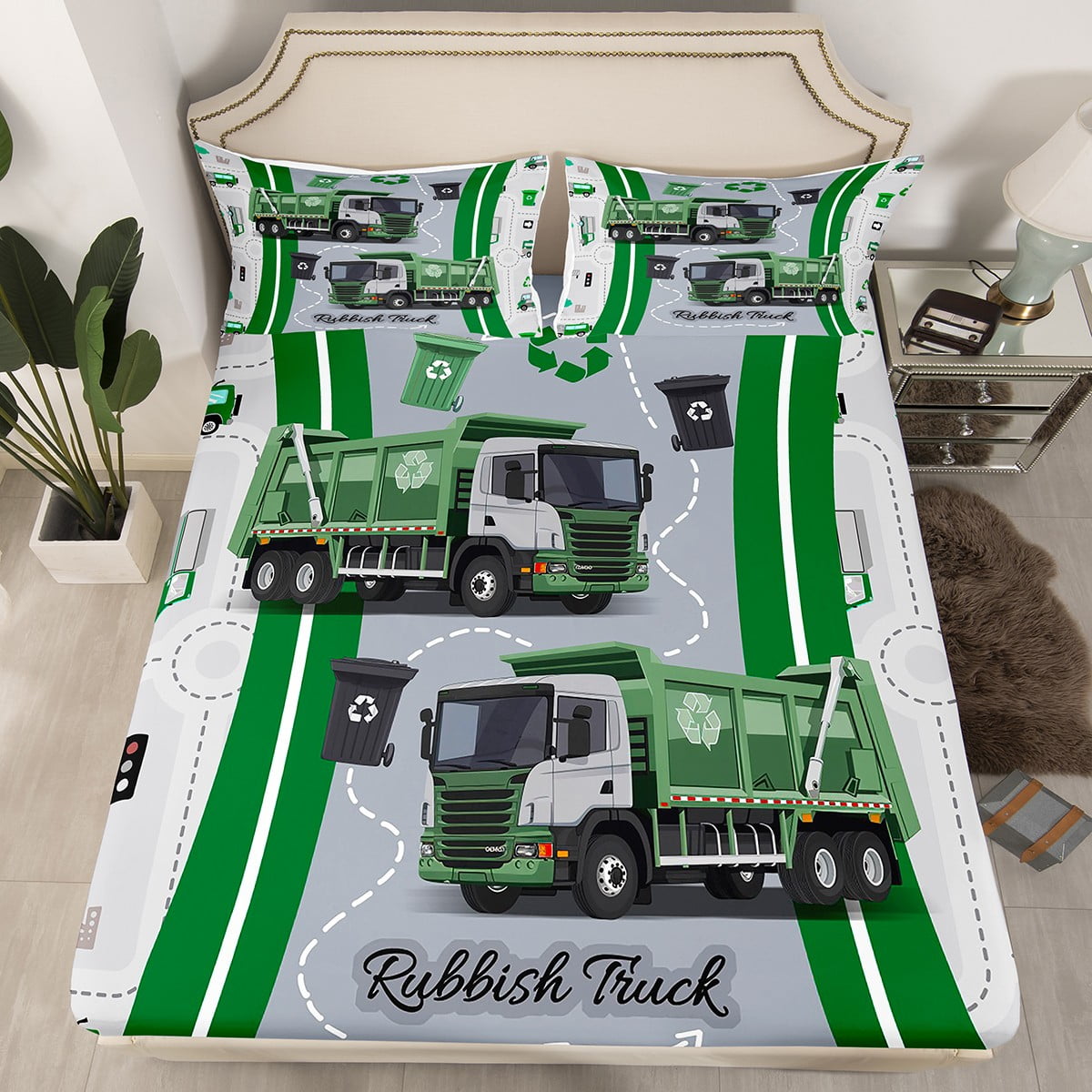 YST Garbage Truck Queen Fitted Sheet for Girls,Recycling and Garbage ...