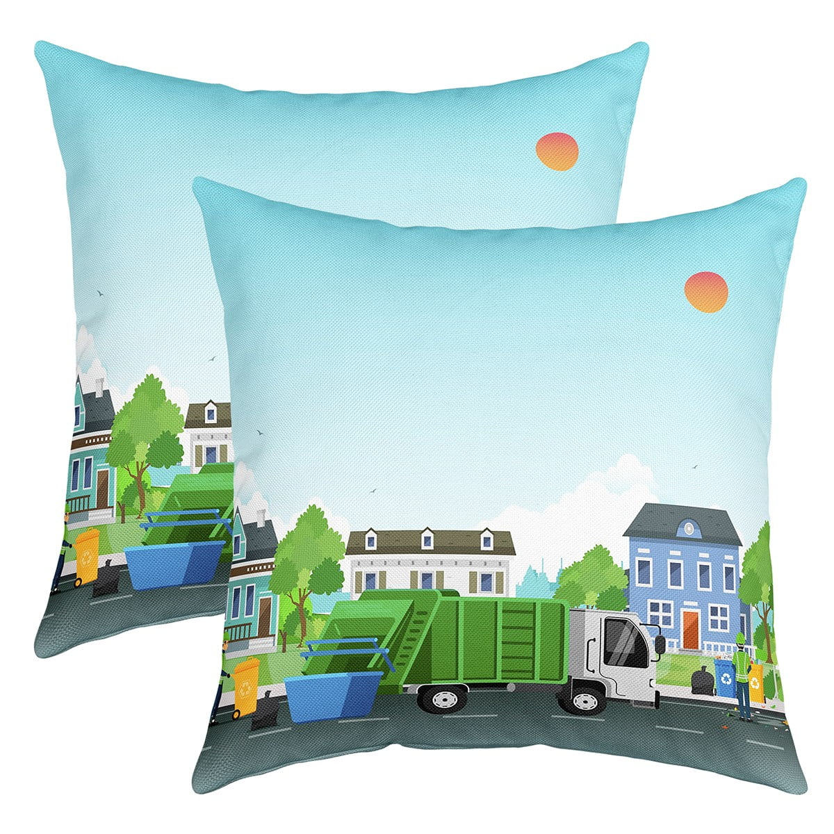 Garbage Truck Throw Pillow Covers 20x20 inch set of 2,Cartoon Trash ...