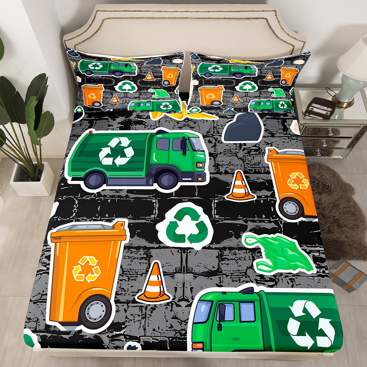 YST Garbage Truck Twin Fitted Sheet for Girls,Trash Can Equipment Truck ...