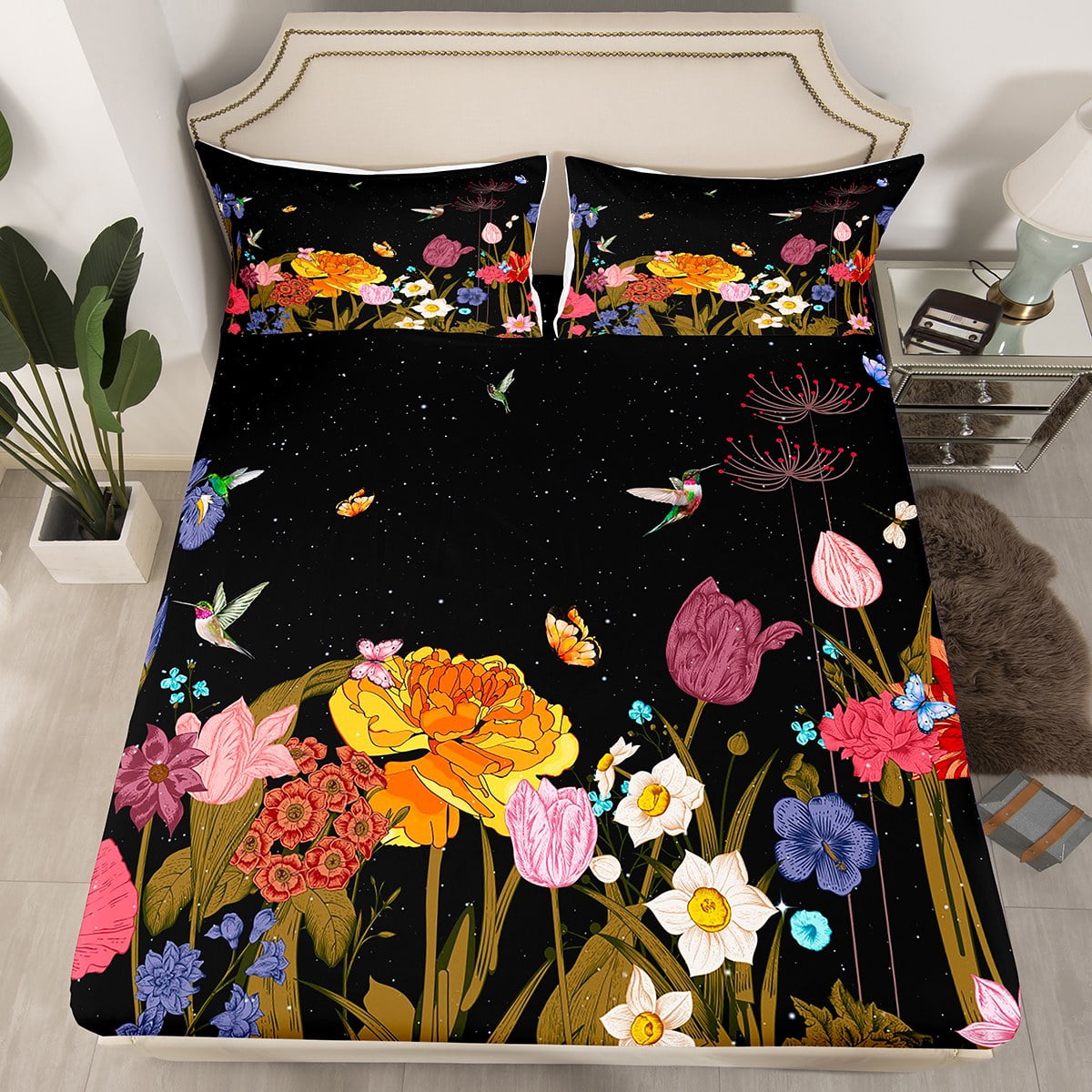 YST Garden Flowers Fitted Sheet Spring Flowers Floral Bedding Set Twin, Flying Bird Butterfly ...