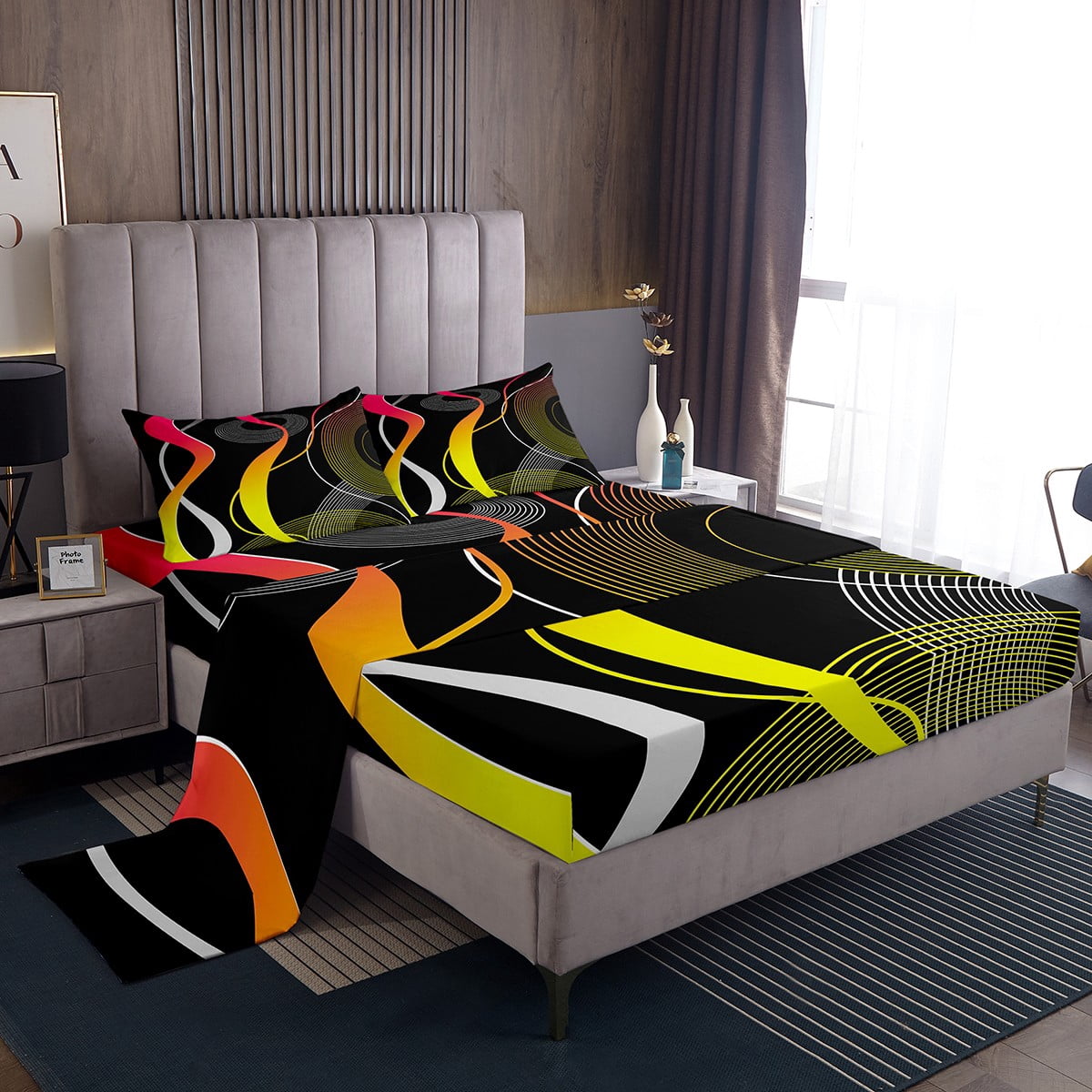 Erosebridal Geometric Bed Sheets Set Full, Red Yellow Black White Sheet ...