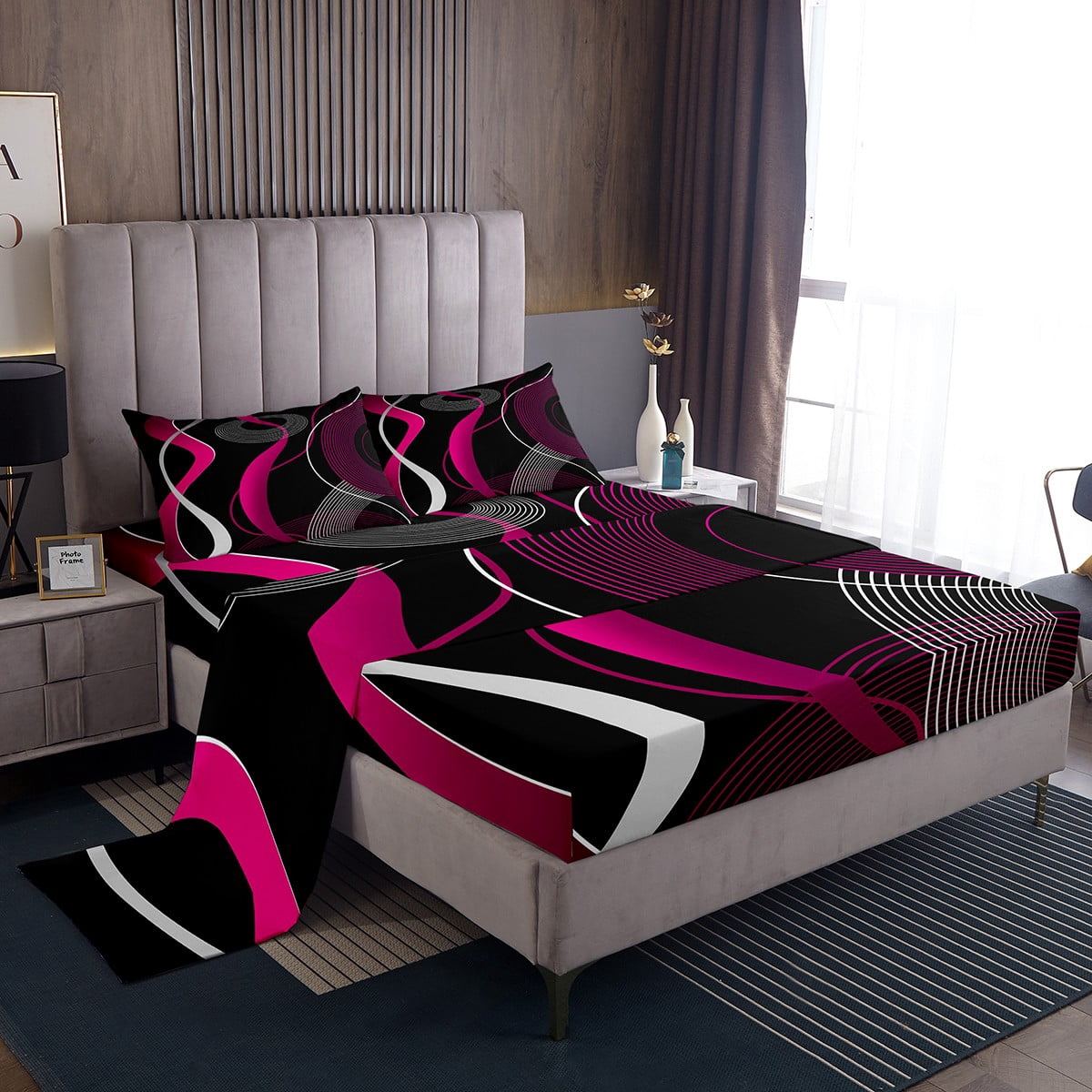 Geometric Bed Sheets Set Queen, Rose Red Black White Sheet Set For ...