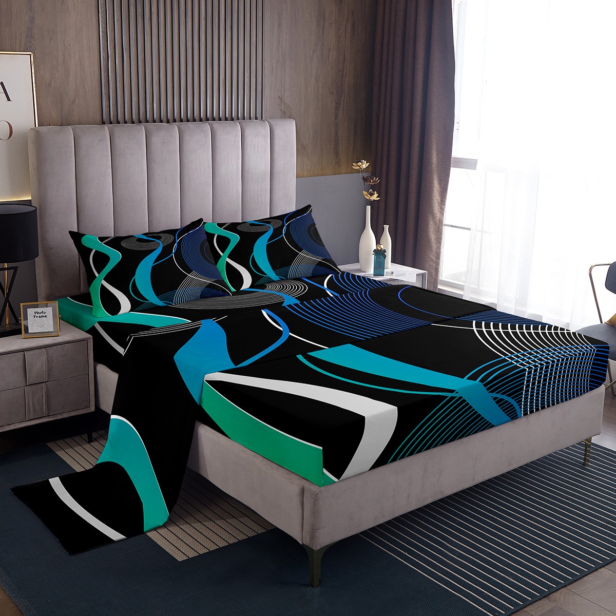 YST Geometric Bed Sheets Set Twin, Blue Teal Black White Sheet Set For ...