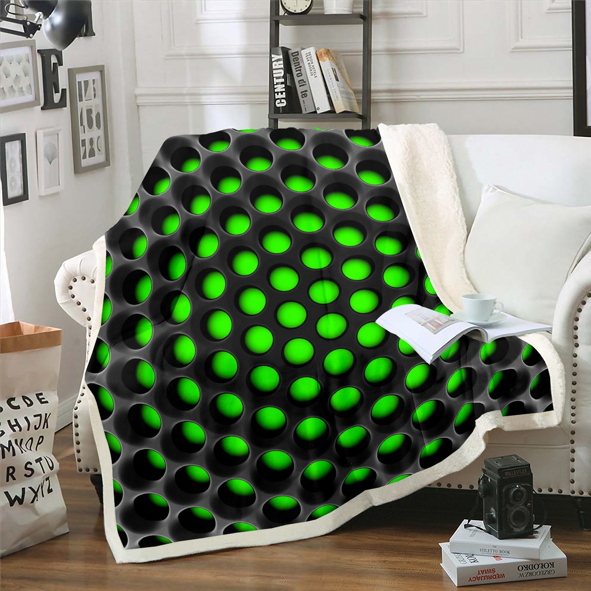 Geometric Throw Blanket,Neon Black Green Fleece Blanket Throw 50