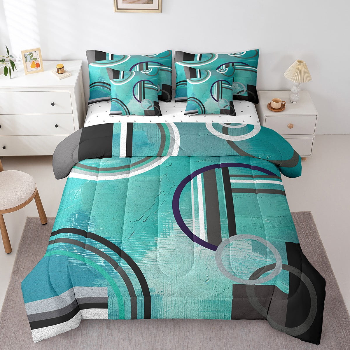 YST Geometric Circles Comforter Set Queen,Teal Blue Grey Black Bedding ...