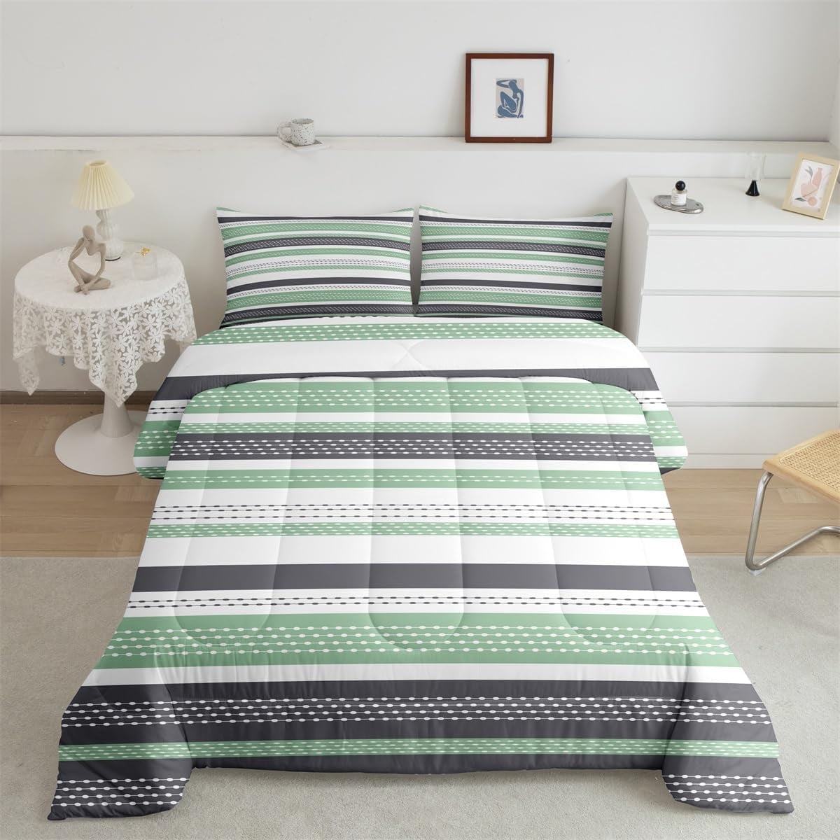 Geometric Comforter Set Twin Size Color Block Stripe Green Grey White ...