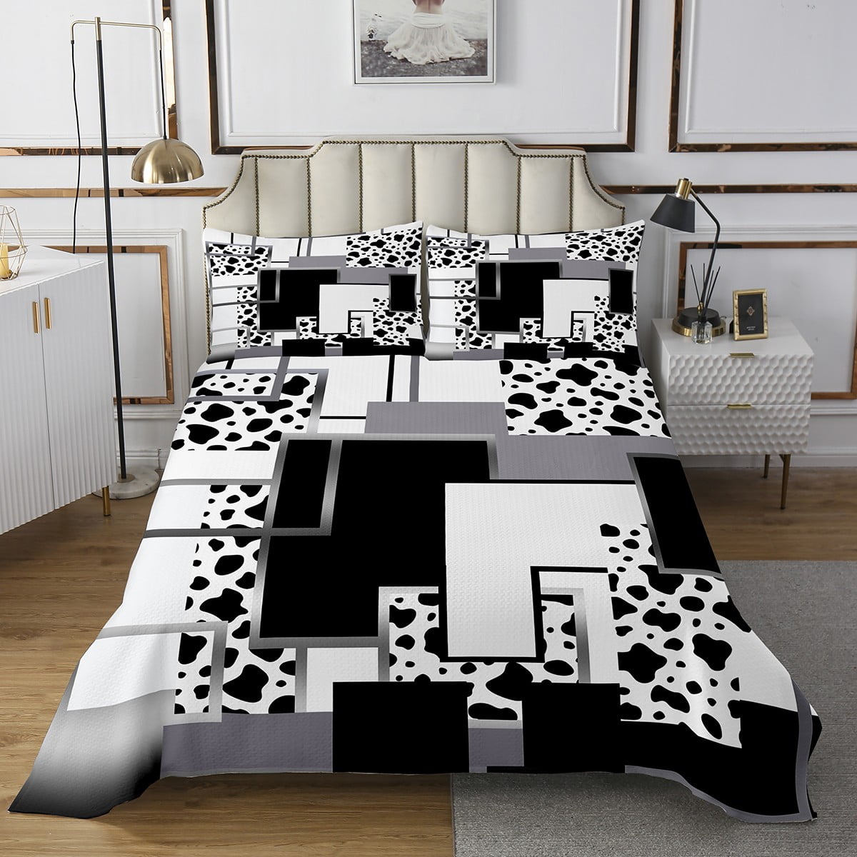 Geometric Cow Print Bedspread Set King Abstract Black White Milk Cow ...