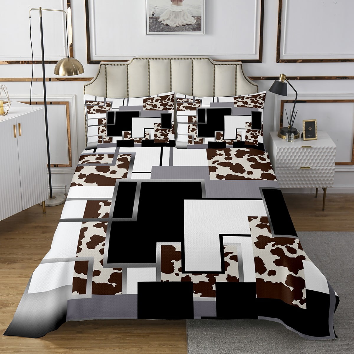 YST Geometric Cowhide Bedspread Set King Abstract Brown Highland Cow ...