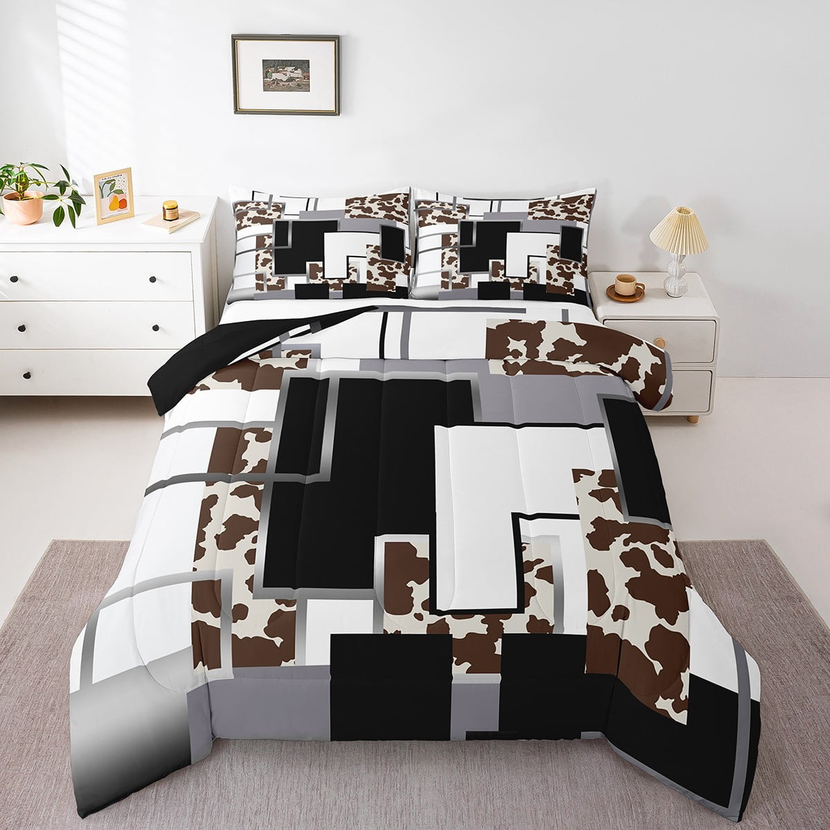 Geometric Cowhide Comforter Setking Abstract Brown Highland Cow ...