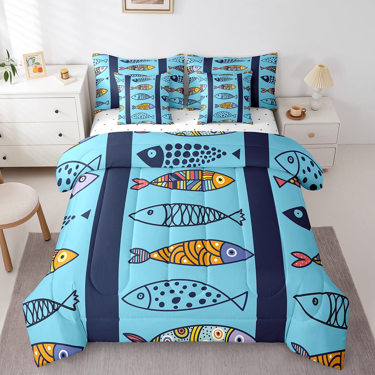 Erosebridal Geometric Fishes 7 Pcs Comforter Set Full,Marine Life Bed ...